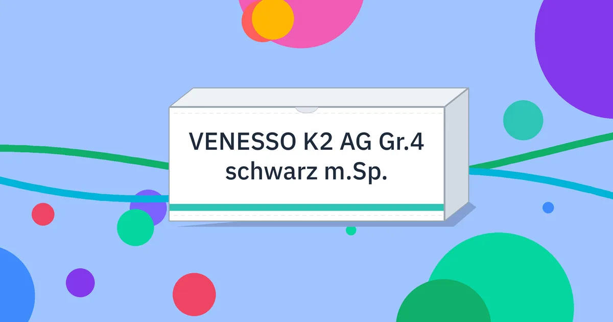 Symbolbild: Packung mit der Aufschrift VENESSO K2 AG Gr.4 schwarz m.Sp. (PZN 03277943) – Verfügbarkeit und Bezug in Apotheken in Frankfurt am Main