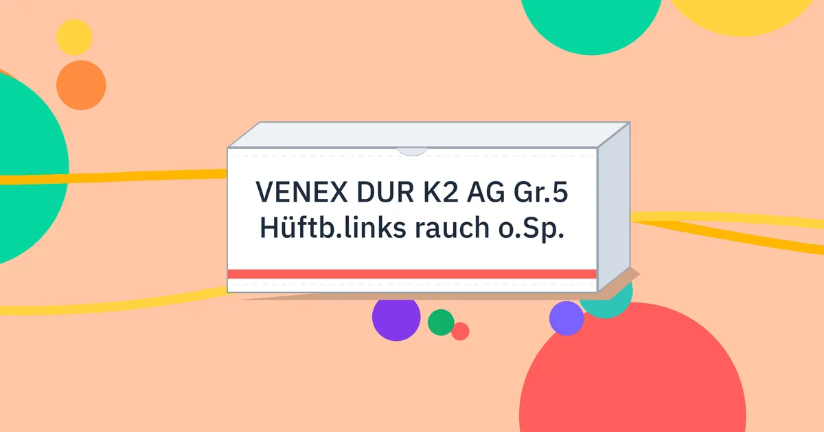 Symbolbild: Packung mit der Aufschrift VENEX DUR K2 AG Gr.5 Hüftb.links rauch o.Sp. (PZN 03231177) – Verfügbarkeit und Bezug in Apotheken in Frankfurt am Main