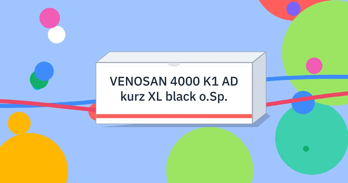Symbolbild: Packung mit der Aufschrift VENOSAN 4000 K1 AD kurz XL black o.Sp. (PZN 14426412) – Verfügbarkeit und Bezug in Apotheken in Frankfurt am Main