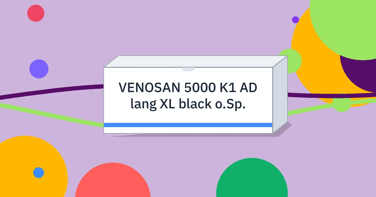 Symbolbild: Packung mit der Aufschrift VENOSAN 5000 K1 AD lang XL black o.Sp. (PZN 14432418) – Verfügbarkeit und Bezug in Apotheken in Frankfurt am Main