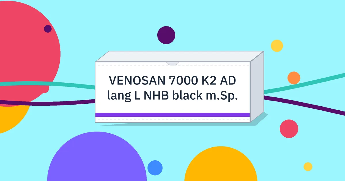 Symbolbild: Packung mit der Aufschrift VENOSAN 7000 K2 AD lang L NHB black m.Sp. (PZN 14435747) – Verfügbarkeit und Bezug in Apotheken in Frankfurt am Main