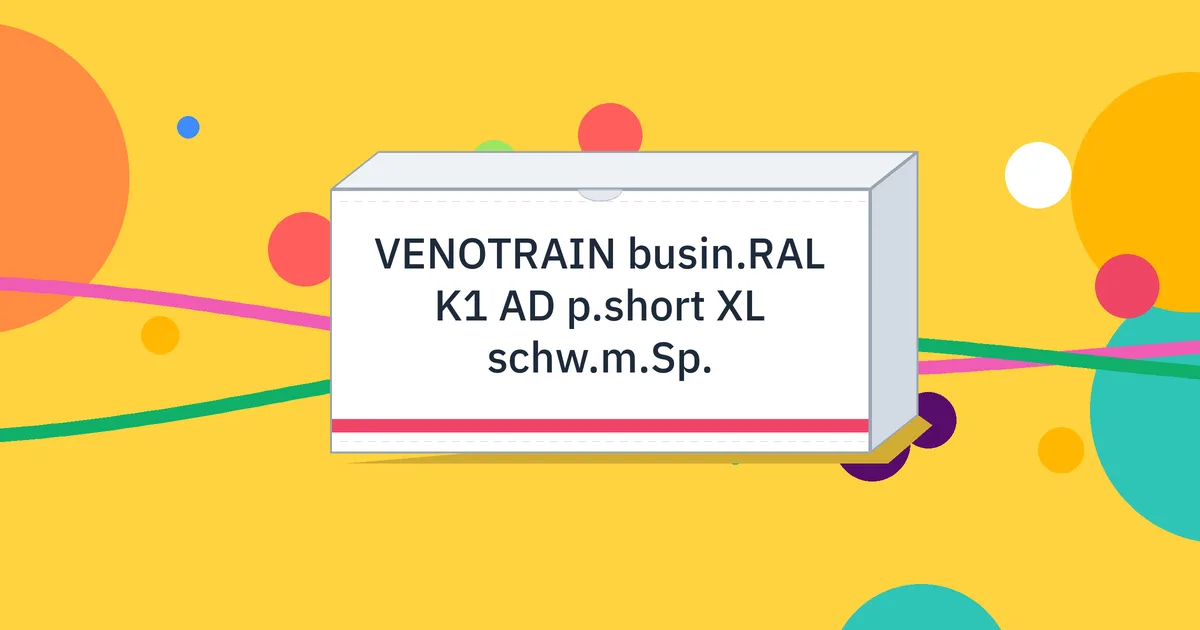 Symbolbild: Packung mit der Aufschrift VENOTRAIN busin.RAL K1 AD p.short XL schw.m.Sp. (PZN 06948711) – Verfügbarkeit und Bezug in Apotheken in Frankfurt am Main