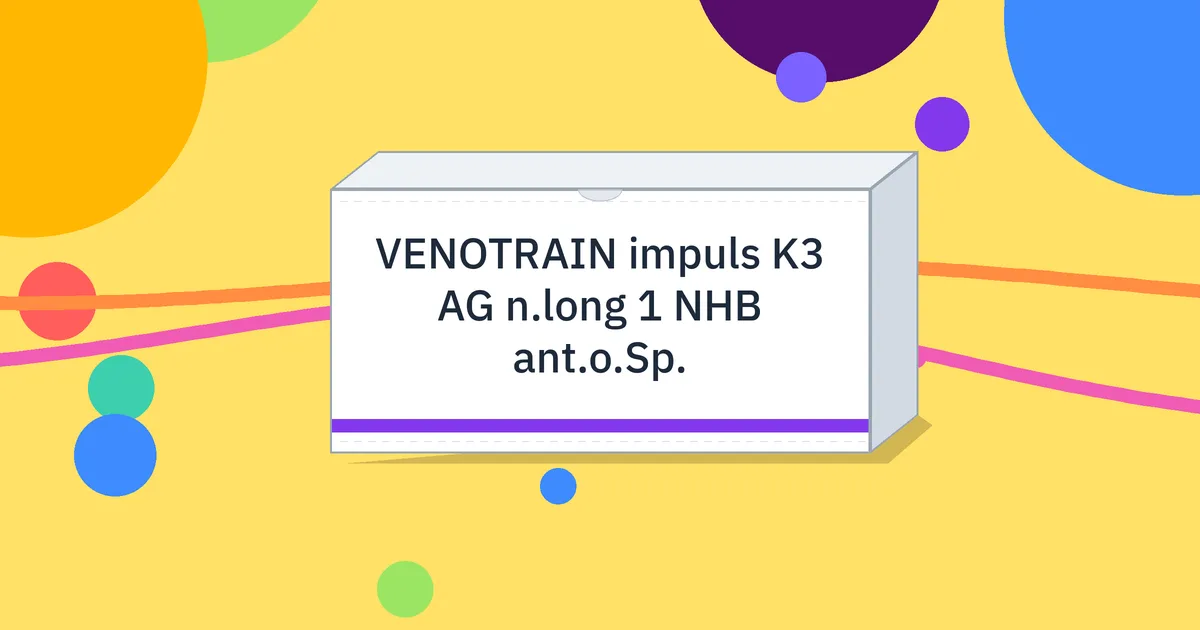 Symbolbild: Packung mit der Aufschrift VENOTRAIN impuls K3 AG n.long 1 NHB ant.o.Sp. (PZN 15216154) – Verfügbarkeit und Bezug in Apotheken in Frankfurt am Main