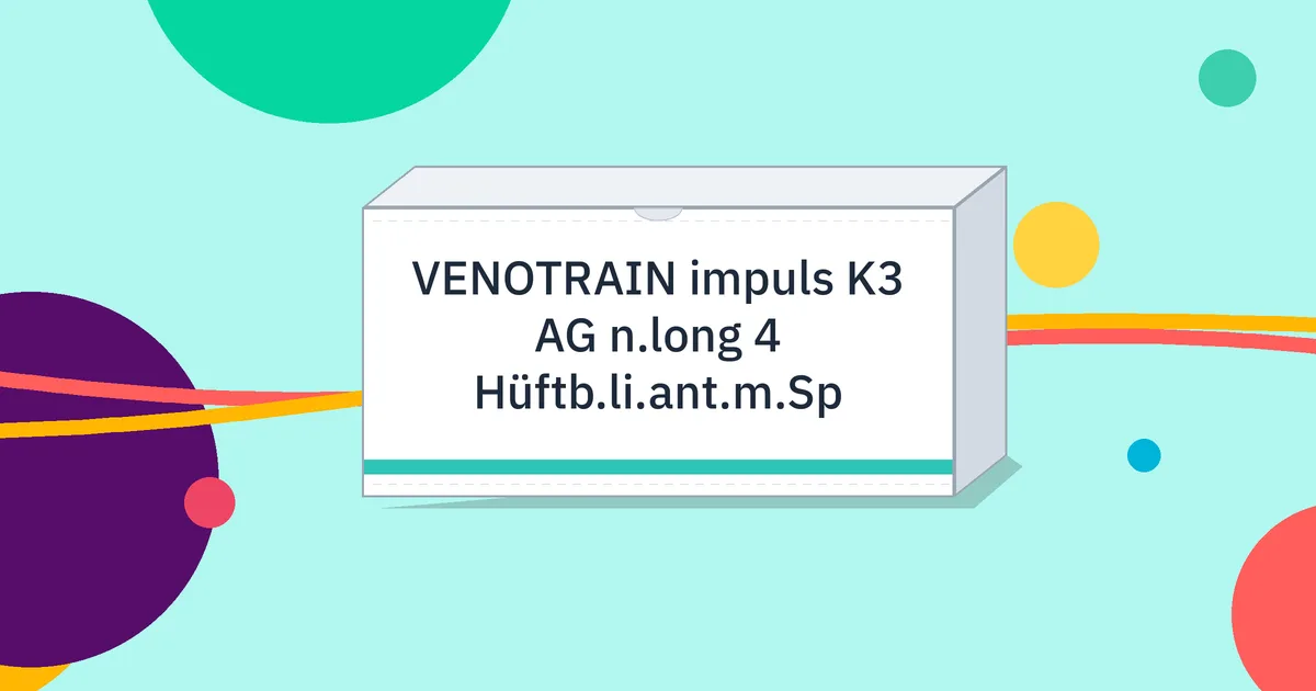 Symbolbild: Packung mit der Aufschrift VENOTRAIN impuls K3 AG n.long 4 Hüftb.li.ant.m.Sp (PZN 15220598) – Verfügbarkeit und Bezug in Apotheken in Frankfurt am Main