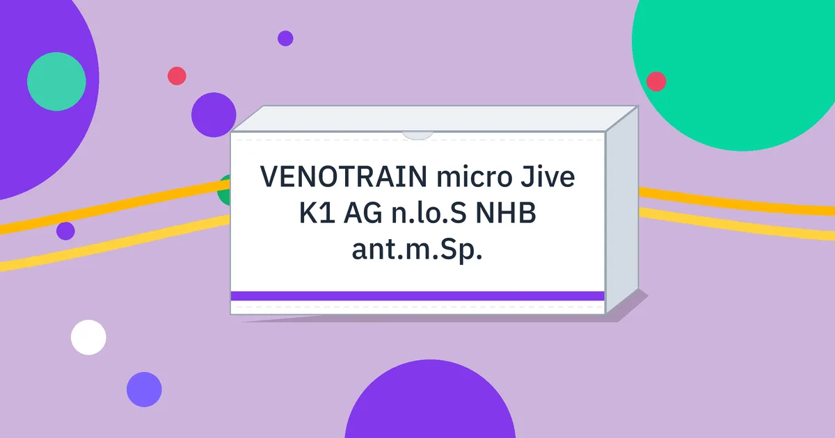 Symbolbild: Packung mit der Aufschrift VENOTRAIN micro Jive K1 AG n.lo.S NHB ant.m.Sp. (PZN 17766491) – Verfügbarkeit und Bezug in Apotheken in Frankfurt am Main
