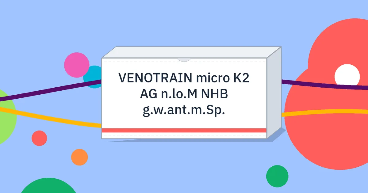 Symbolbild: Packung mit der Aufschrift VENOTRAIN micro K2 AG n.lo.M NHB g.w.ant.m.Sp. (PZN 11064842) – Verfügbarkeit und Bezug in Apotheken in Frankfurt am Main