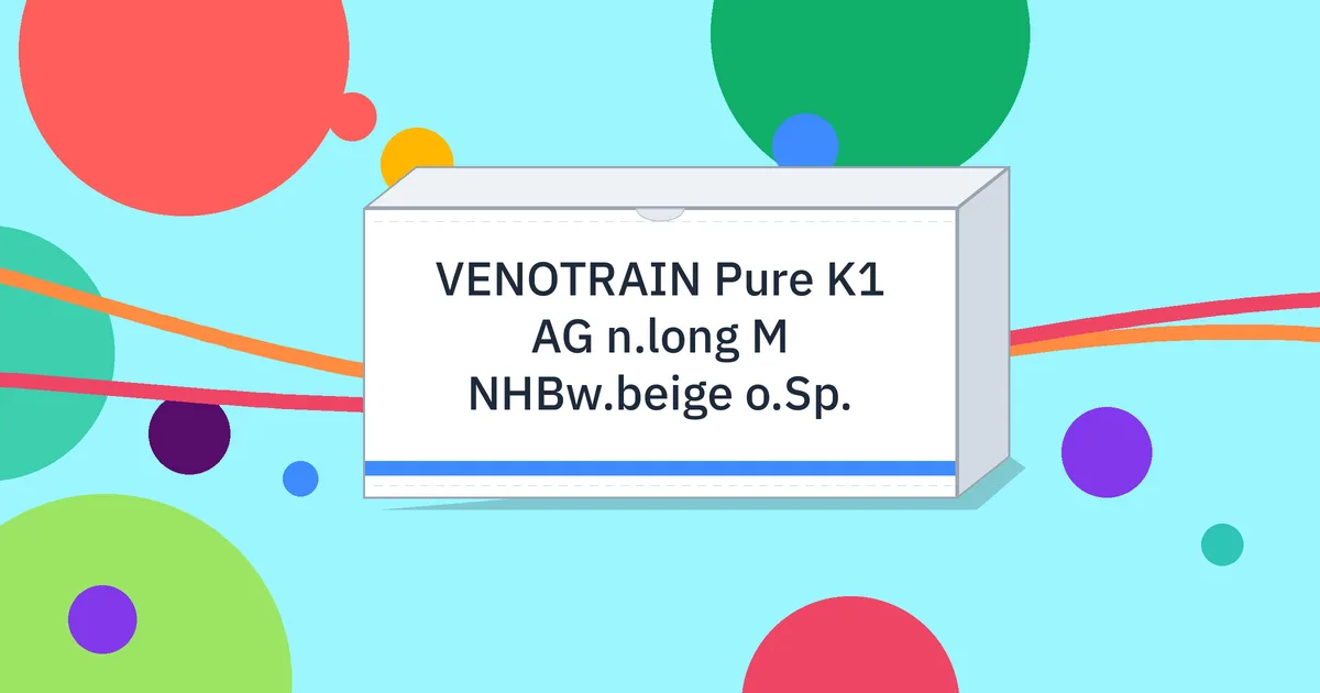 Symbolbild: Packung mit der Aufschrift VENOTRAIN Pure K1 AG n.long M NHBw.beige o.Sp. (PZN 18150473) – Verfügbarkeit und Bezug in Apotheken in Frankfurt am Main