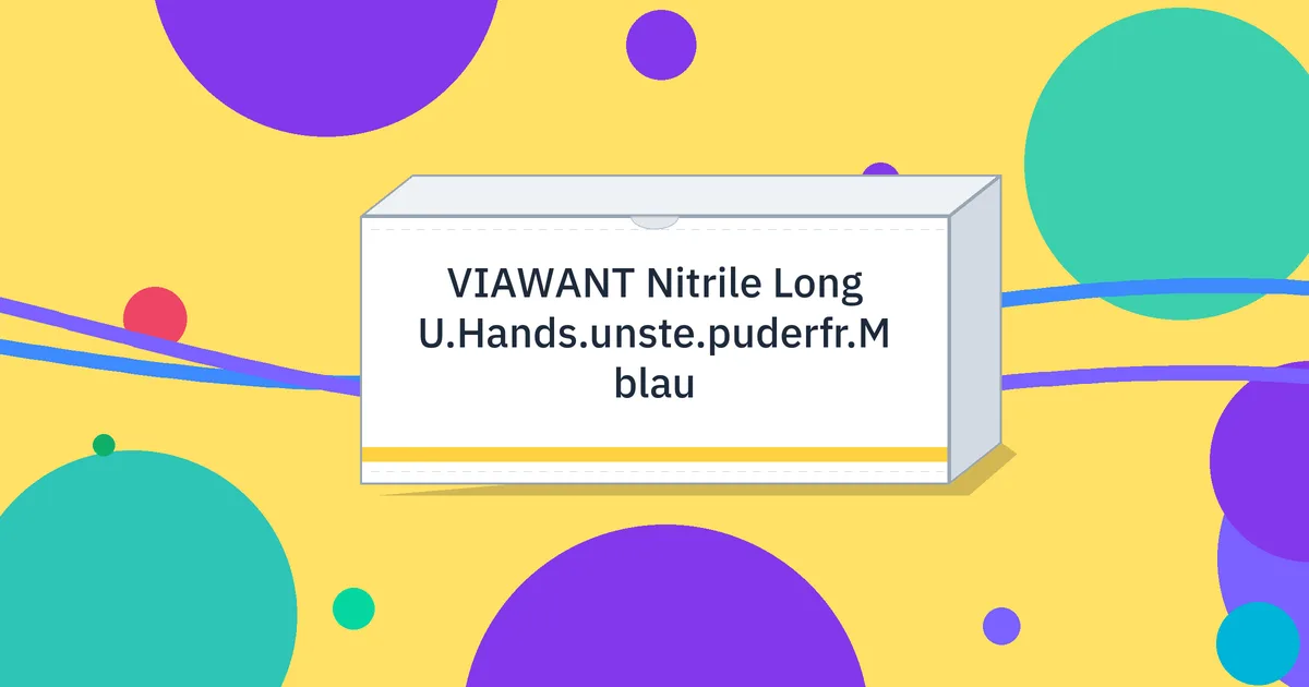 Symbolbild: Packung mit der Aufschrift VIAWANT Nitrile Long U.Hands.unste.puderfr.M blau (PZN 19999325) – Verfügbarkeit und Bezug in Apotheken in Frankfurt am Main