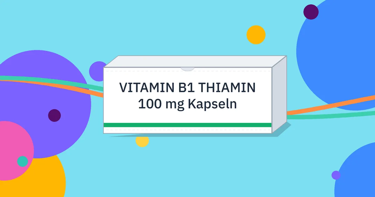 Symbolbild: Packung mit der Aufschrift VITAMIN B1 THIAMIN 100 mg Kapseln (PZN 20013683) – Verfügbarkeit und Bezug in Apotheken in Frankfurt am Main