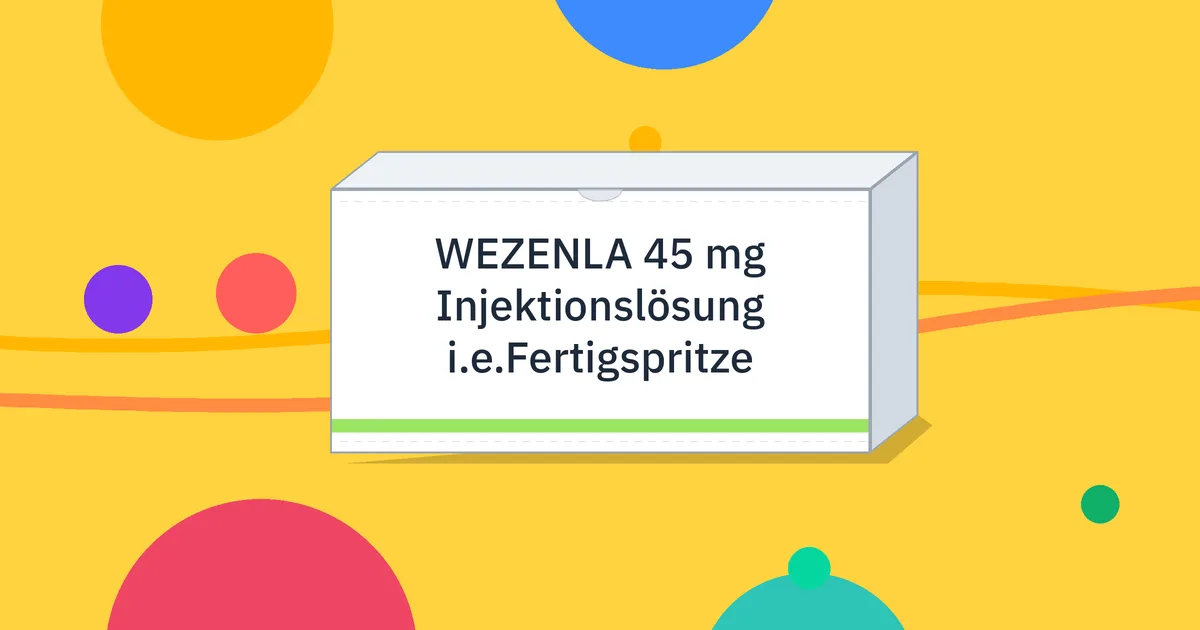 Symbolbild: Packung mit der Aufschrift WEZENLA 45 mg Injektionslösung i.e.Fertigspritze (PZN 19845912) – Verfügbarkeit und Bezug in Apotheken in Frankfurt am Main