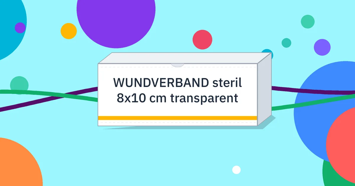 Symbolbild: Packung mit der Aufschrift WUNDVERBAND steril 8x10 cm transparent (PZN 10821577) – Verfügbarkeit und Bezug in Apotheken in Frankfurt am Main