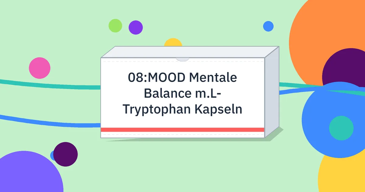 Symbolbild: Packung mit der Aufschrift 08:MOOD Mentale Balance m.L-Tryptophan Kapseln (PZN 18270705) – Verfügbarkeit und Bezug in Apotheken in Frankfurt am Main
