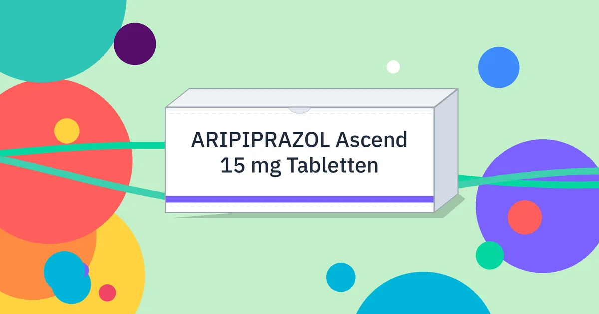 Symbolbild: Packung mit der Aufschrift ARIPIPRAZOL Ascend 15 mg Tabletten (PZN 18425378) – Verfügbarkeit und Bezug in Apotheken in Frankfurt am Main