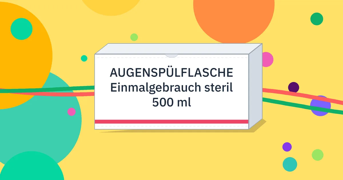 Symbolbild: Packung mit der Aufschrift AUGENSPÜLFLASCHE Einmalgebrauch steril 500 ml (PZN 18443198) – Verfügbarkeit und Bezug in Apotheken in Frankfurt am Main