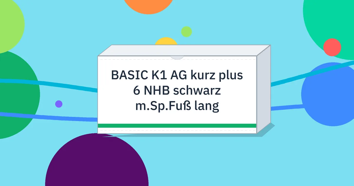 Symbolbild: Packung mit der Aufschrift BASIC K1 AG kurz plus 6 NHB schwarz m.Sp.Fuß lang (PZN 20261760) – Verfügbarkeit und Bezug in Apotheken in Frankfurt am Main