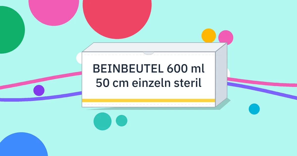 Symbolbild: Packung mit der Aufschrift BEINBEUTEL 600 ml 50 cm einzeln steril (PZN 09061581) – Verfügbarkeit und Bezug in Apotheken in Frankfurt am Main