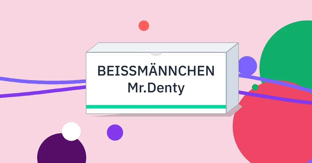 Symbolbild: Packung mit der Aufschrift BEISSMÄNNCHEN Mr.Denty (PZN 01716255) – Verfügbarkeit und Bezug in Apotheken in Frankfurt am Main