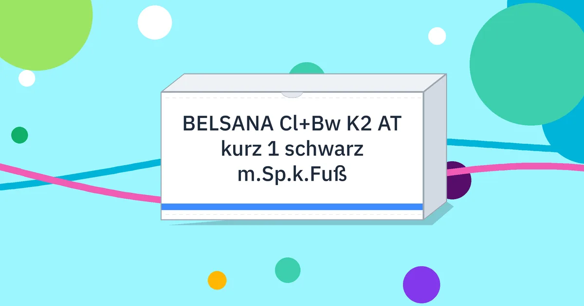 Symbolbild: Packung mit der Aufschrift BELSANA Cl+Bw K2 AT kurz 1 schwarz m.Sp.k.Fuß (PZN 12248975) – Verfügbarkeit und Bezug in Apotheken in Frankfurt am Main