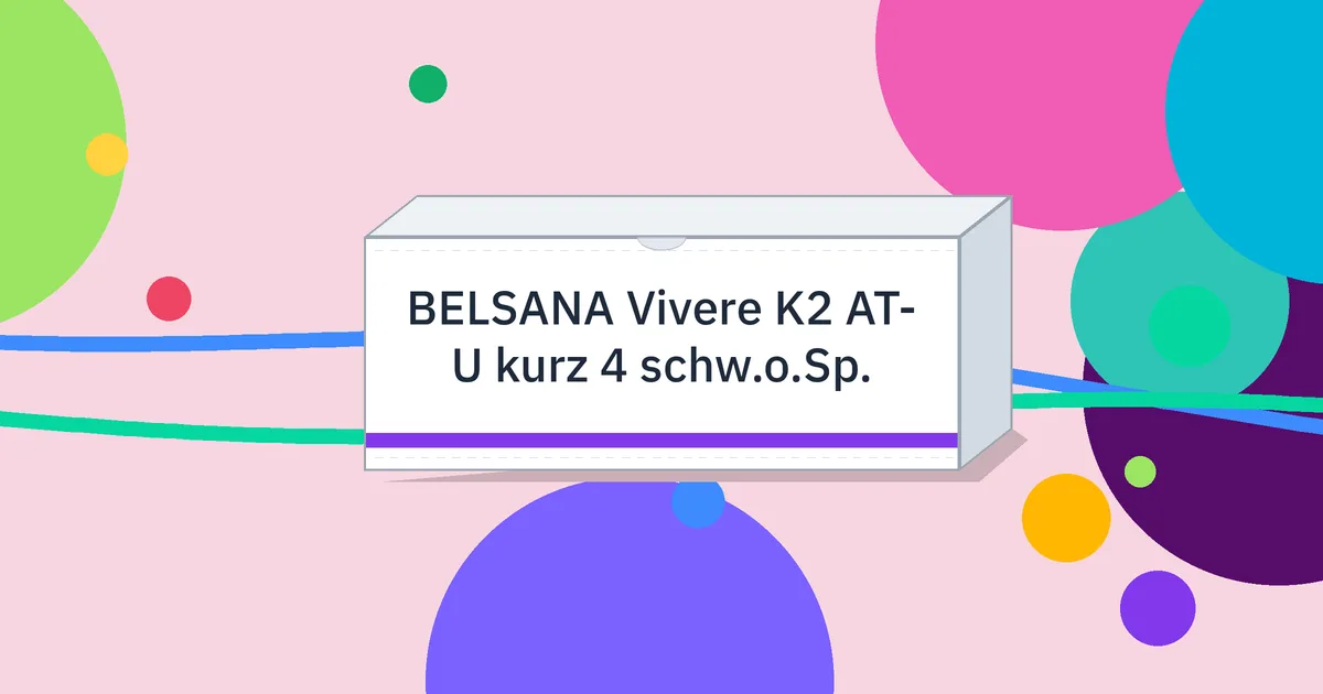 Symbolbild: Packung mit der Aufschrift BELSANA Vivere K2 AT-U kurz 4 schw.o.Sp. (PZN 08538650) – Verfügbarkeit und Bezug in Apotheken in Frankfurt am Main