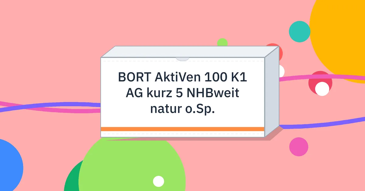 Symbolbild: Packung mit der Aufschrift BORT AktiVen 100 K1 AG kurz 5 NHBweit natur o.Sp. (PZN 13729659) – Verfügbarkeit und Bezug in Apotheken in Frankfurt am Main