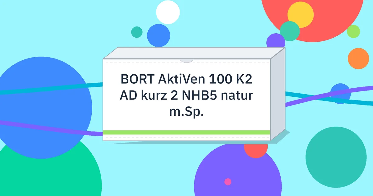 Symbolbild: Packung mit der Aufschrift BORT AktiVen 100 K2 AD kurz 2 NHB5 natur m.Sp. (PZN 17494035) – Verfügbarkeit und Bezug in Apotheken in Frankfurt am Main