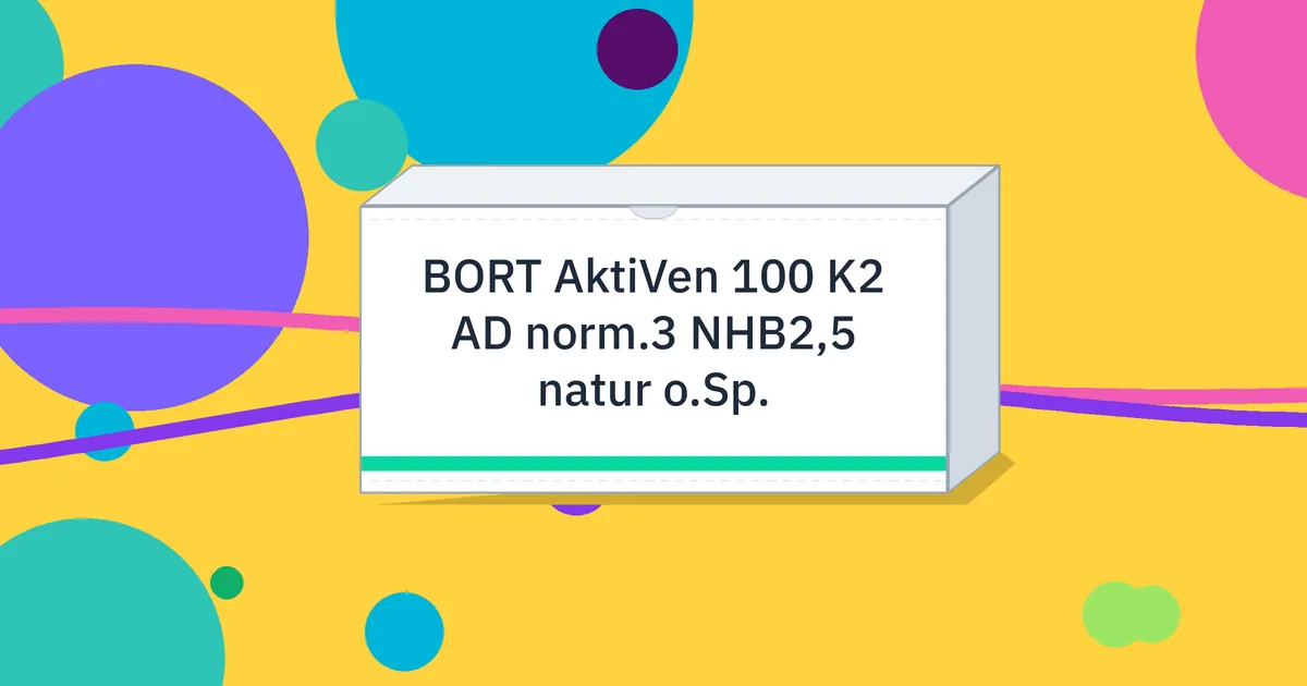 Symbolbild: Packung mit der Aufschrift BORT AktiVen 100 K2 AD norm.3 NHB2,5 natur o.Sp. (PZN 17498582) – Verfügbarkeit und Bezug in Apotheken in Frankfurt am Main