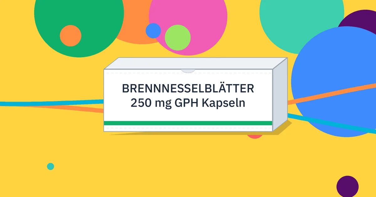 Symbolbild: Packung mit der Aufschrift BRENNNESSELBLÄTTER 250 mg GPH Kapseln (PZN 09721652) – Verfügbarkeit und Bezug in Apotheken in Frankfurt am Main