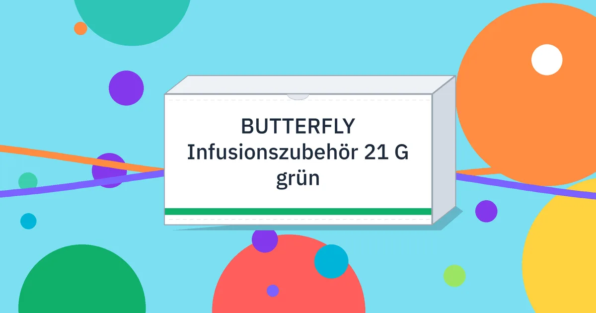 Symbolbild: Packung mit der Aufschrift BUTTERFLY Infusionszubehör 21 G grün (PZN 10189926) – Verfügbarkeit und Bezug in Apotheken in Frankfurt am Main