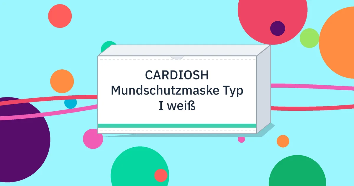 Symbolbild: Packung mit der Aufschrift CARDIOSH Mundschutzmaske Typ I weiß (PZN 18262060) – Verfügbarkeit und Bezug in Apotheken in Frankfurt am Main