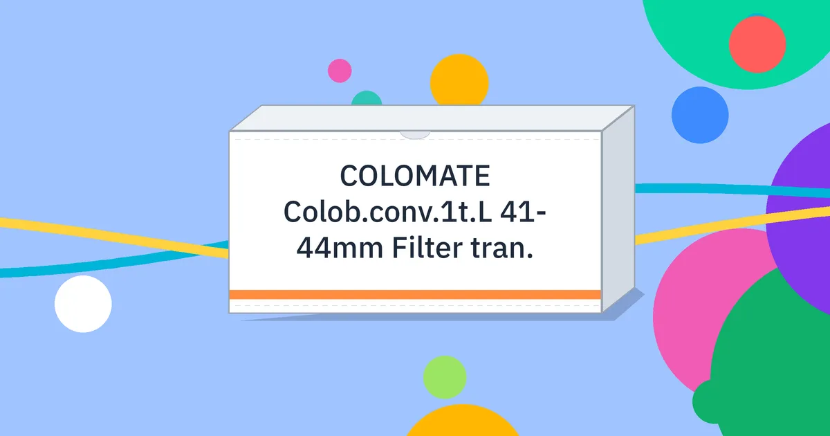 Symbolbild: Packung mit der Aufschrift COLOMATE Colob.conv.1t.L 41-44mm Filter tran. (PZN 09713428) – Verfügbarkeit und Bezug in Apotheken in Frankfurt am Main
