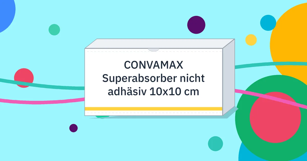 Symbolbild: Packung mit der Aufschrift CONVAMAX Superabsorber nicht adhäsiv 10x10 cm (PZN 20893690) – Verfügbarkeit und Bezug in Apotheken in Frankfurt am Main