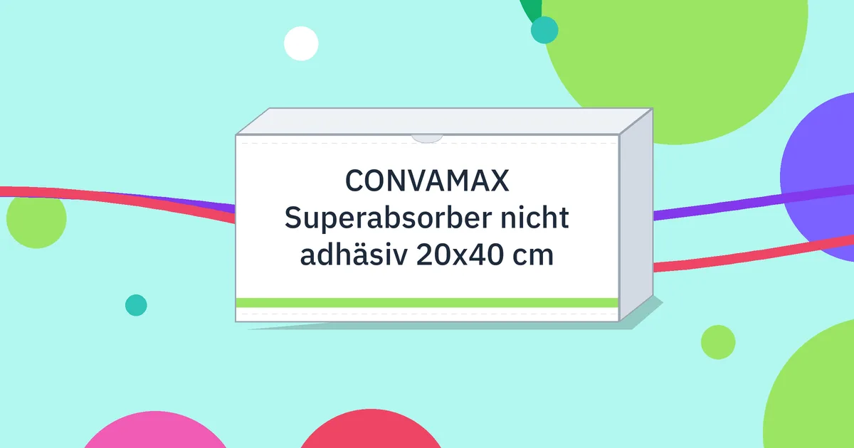 Symbolbild: Packung mit der Aufschrift CONVAMAX Superabsorber nicht adhäsiv 20x40 cm (PZN 20609068) – Verfügbarkeit und Bezug in Apotheken in Frankfurt am Main