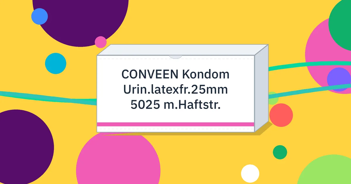 Symbolbild: Packung mit der Aufschrift CONVEEN Kondom Urin.latexfr.25mm 5025 m.Haftstr. (PZN 08524033) – Verfügbarkeit und Bezug in Apotheken in Frankfurt am Main