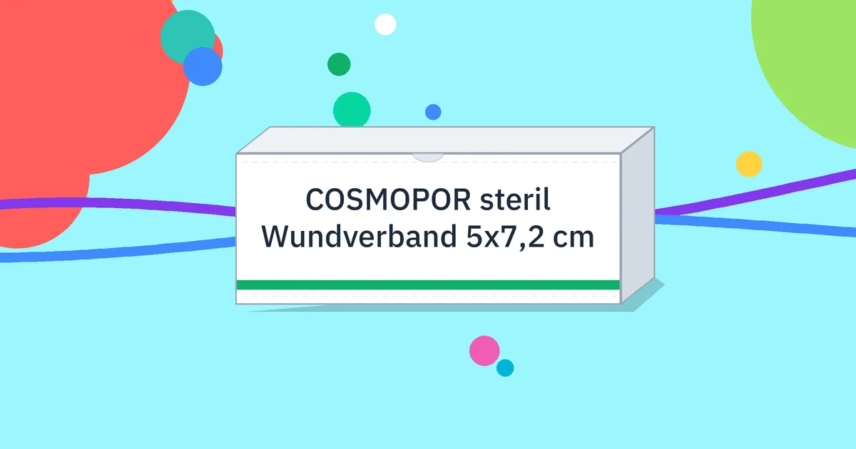 Symbolbild: Packung mit der Aufschrift COSMOPOR steril Wundverband 5x7,2 cm (PZN 20365784) – Verfügbarkeit und Bezug in Apotheken in Frankfurt am Main