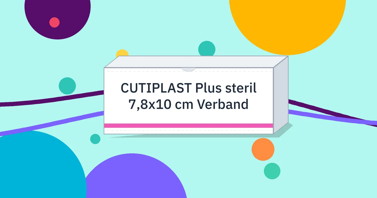 Symbolbild: Packung mit der Aufschrift CUTIPLAST Plus steril 7,8x10 cm Verband (PZN 18437306) – Verfügbarkeit und Bezug in Apotheken in Frankfurt am Main