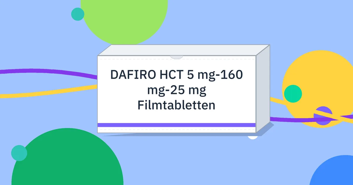 Symbolbild: Packung mit der Aufschrift DAFIRO HCT 5 mg-160 mg-25 mg Filmtabletten (PZN 11151423) – Verfügbarkeit und Bezug in Apotheken in Frankfurt am Main