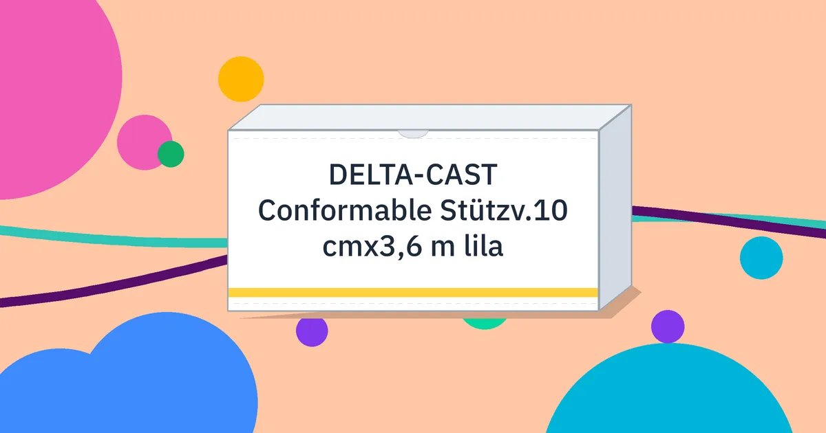 Symbolbild: Packung mit der Aufschrift DELTA-CAST Conformable Stützv.10 cmx3,6 m lila (PZN 01426965) – Verfügbarkeit und Bezug in Apotheken in Frankfurt am Main