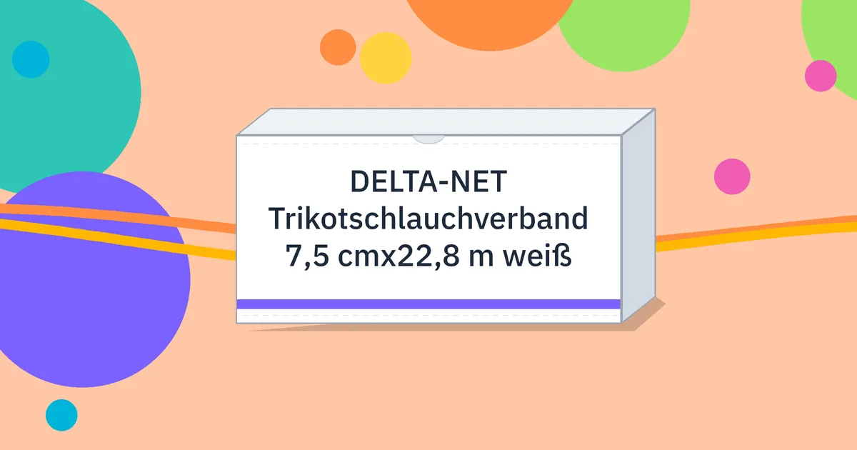 Symbolbild: Packung mit der Aufschrift DELTA-NET Trikotschlauchverband 7,5 cmx22,8 m weiß (PZN 00855397) – Verfügbarkeit und Bezug in Apotheken in Frankfurt am Main