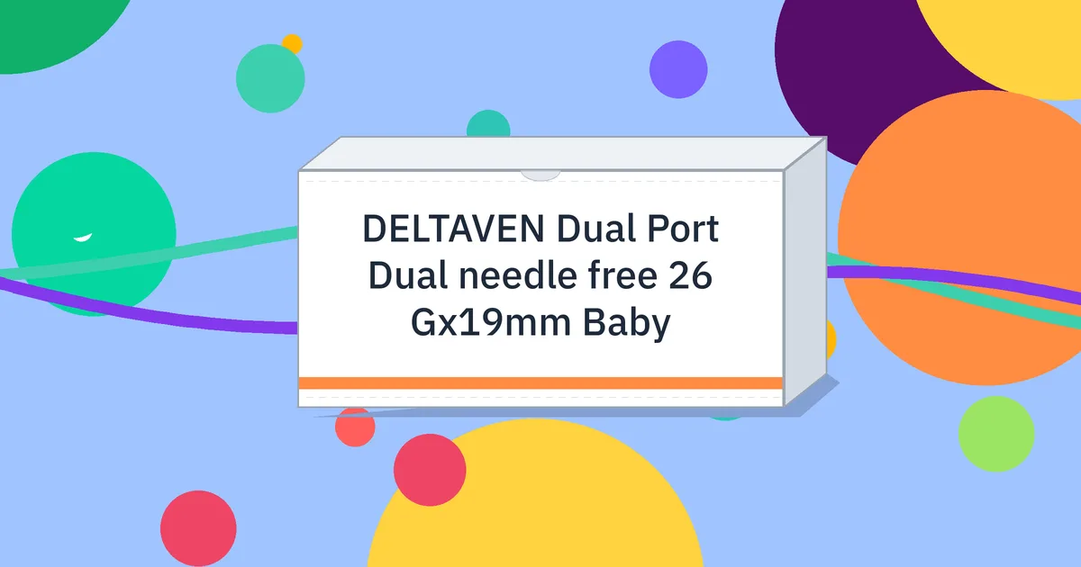 Symbolbild: Packung mit der Aufschrift DELTAVEN Dual Port Dual needle free 26 Gx19mm Baby (PZN 18873734) – Verfügbarkeit und Bezug in Apotheken in Frankfurt am Main