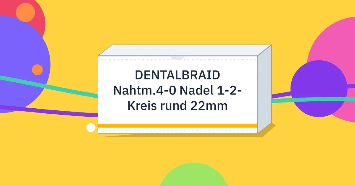 Symbolbild: Packung mit der Aufschrift DENTALBRAID Nahtm.4-0 Nadel 1-2-Kreis rund 22mm (PZN 11006721) – Verfügbarkeit und Bezug in Apotheken in Frankfurt am Main