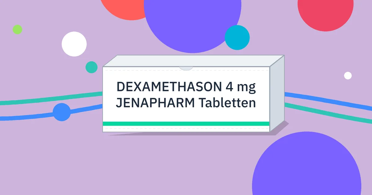 Symbolbild: Packung mit der Aufschrift DEXAMETHASON 4 mg JENAPHARM Tabletten (PZN 08918803) – Verfügbarkeit und Bezug in Apotheken in Frankfurt am Main