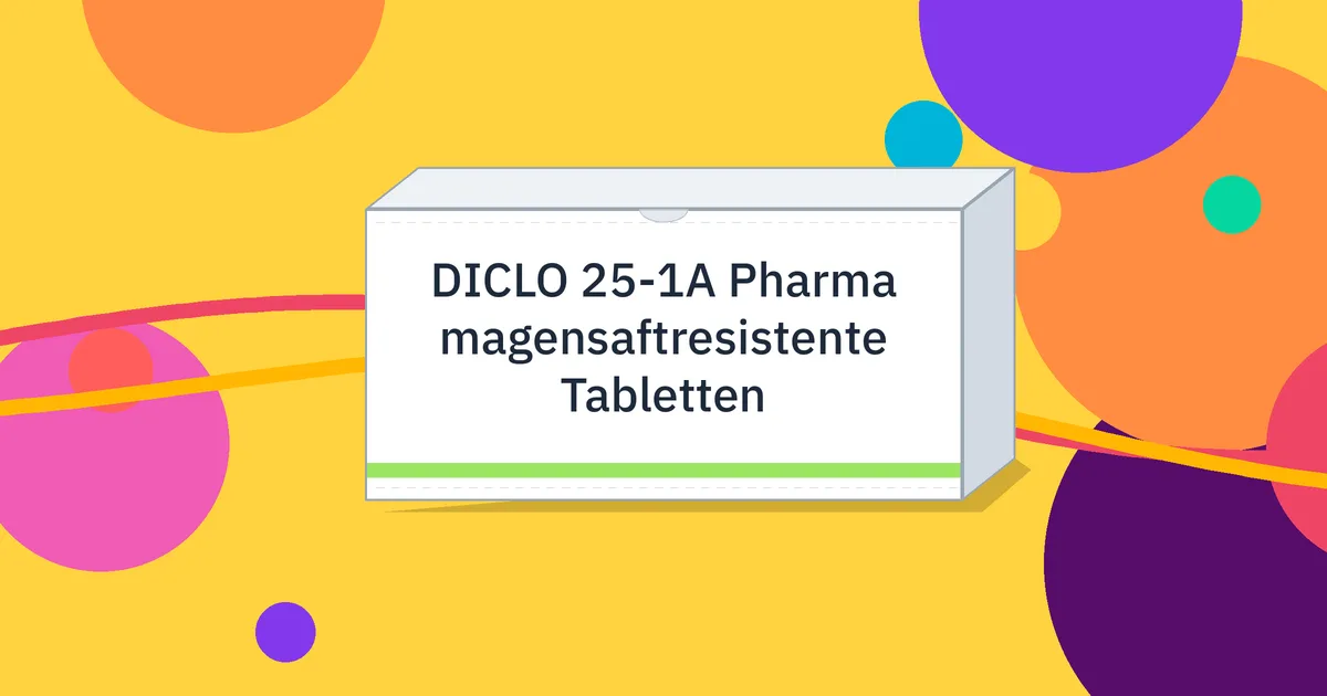 Symbolbild: Packung mit der Aufschrift DICLO 25-1A Pharma magensaftresistente Tabletten (PZN 08533641) – Verfügbarkeit und Bezug in Apotheken in Frankfurt am Main