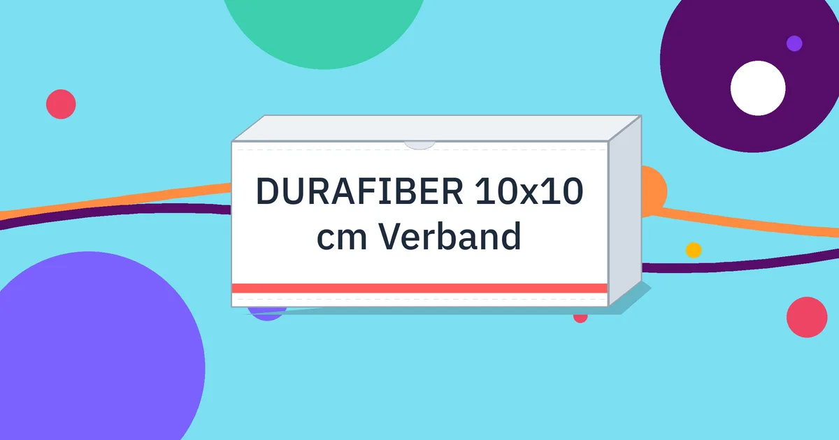 Symbolbild: Packung mit der Aufschrift DURAFIBER 10x10 cm Verband (PZN 16516131) – Verfügbarkeit und Bezug in Apotheken in Frankfurt am Main