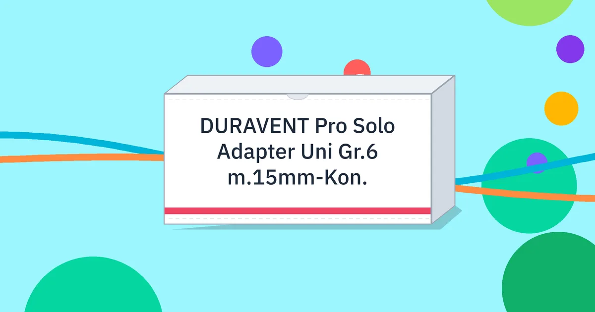 Symbolbild: Packung mit der Aufschrift DURAVENT Pro Solo Adapter Uni Gr.6 m.15mm-Kon. (PZN 19272652) – Verfügbarkeit und Bezug in Apotheken in Frankfurt am Main