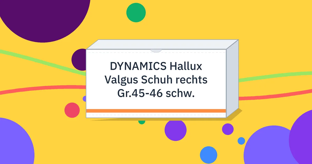 Symbolbild: Packung mit der Aufschrift DYNAMICS Hallux Valgus Schuh rechts Gr.45-46 schw. (PZN 10632735) – Verfügbarkeit und Bezug in Apotheken in Frankfurt am Main