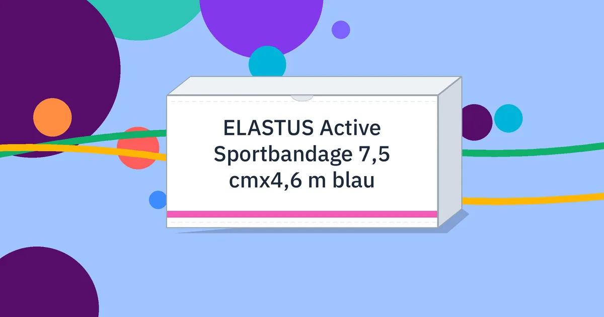 Symbolbild: Packung mit der Aufschrift ELASTUS Active Sportbandage 7,5 cmx4,6 m blau (PZN 03297638) – Verfügbarkeit und Bezug in Apotheken in Frankfurt am Main