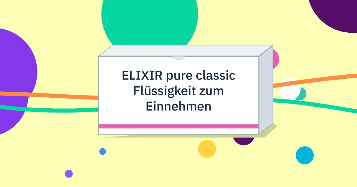 Symbolbild: Packung mit der Aufschrift ELIXIR pure classic Flüssigkeit zum Einnehmen (PZN 13978641) – Verfügbarkeit und Bezug in Apotheken in Frankfurt am Main