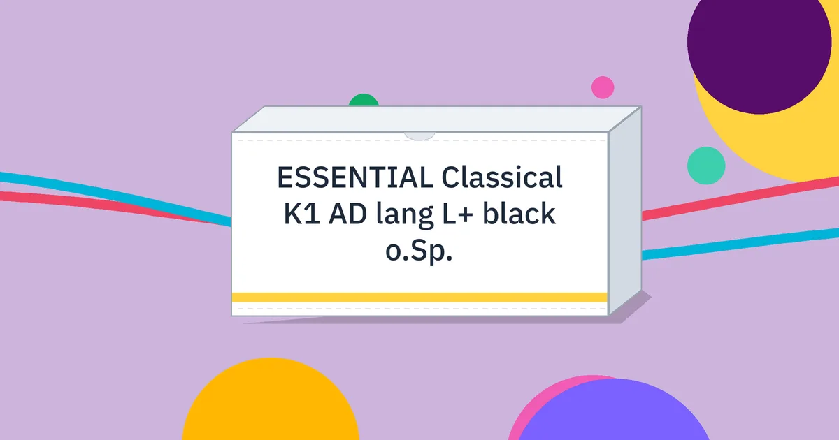 Symbolbild: Packung mit der Aufschrift ESSENTIAL Classical K1 AD lang L+ black o.Sp. (PZN 17004255) – Verfügbarkeit und Bezug in Apotheken in Frankfurt am Main