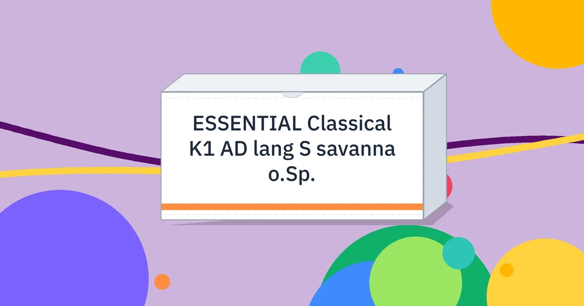 Symbolbild: Packung mit der Aufschrift ESSENTIAL Classical K1 AD lang S savanna o.Sp. (PZN 17003818) – Verfügbarkeit und Bezug in Apotheken in Frankfurt am Main