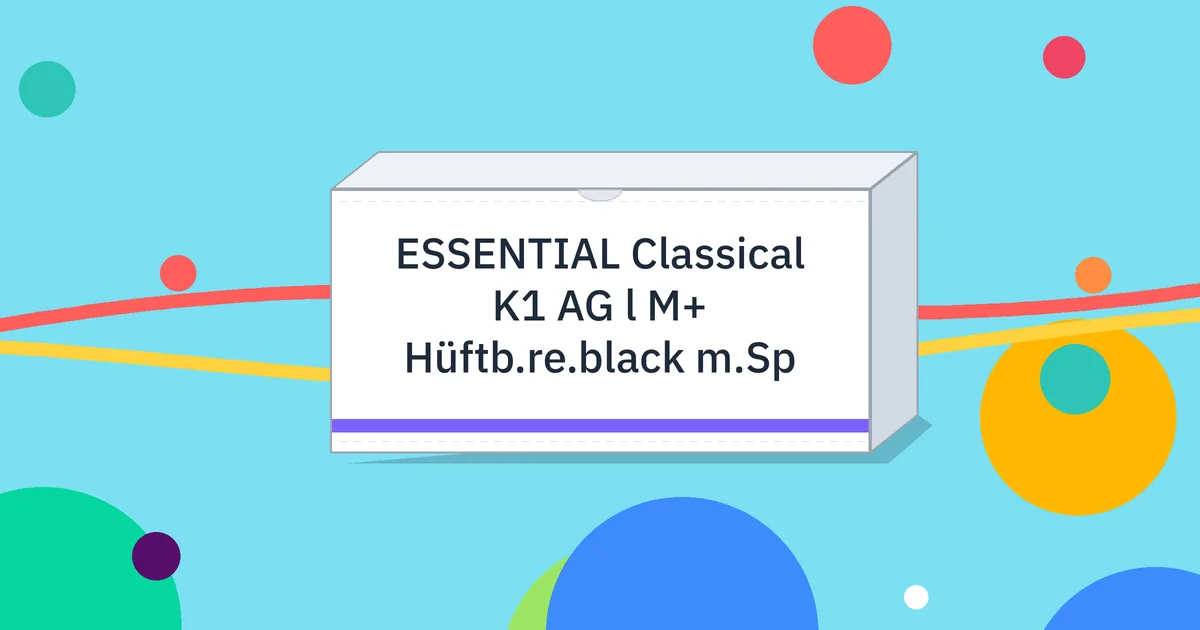 Symbolbild: Packung mit der Aufschrift ESSENTIAL Classical K1 AG l M+ Hüftb.re.black m.Sp (PZN 17013685) – Verfügbarkeit und Bezug in Apotheken in Frankfurt am Main